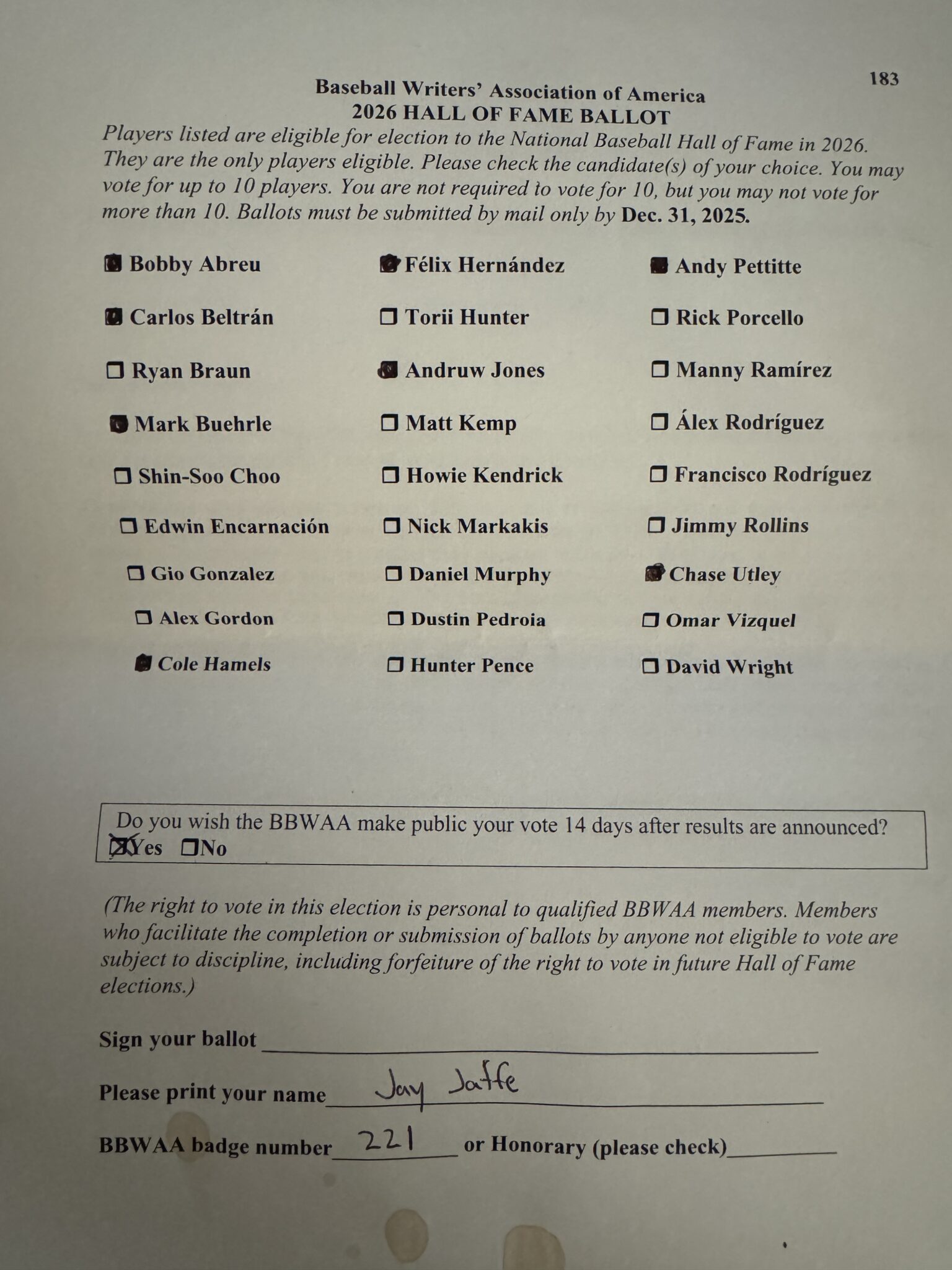 rewrite this title Jay Jaffe’s 2026 Hall of Fame Ballot - SandJack TV
